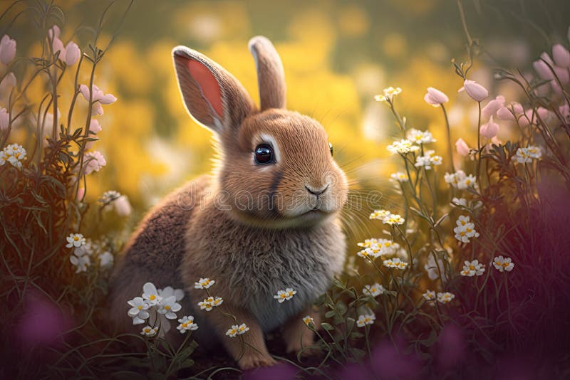 Cute Small Rabbit in the Meadow with Many Colourful Flowers Around ...