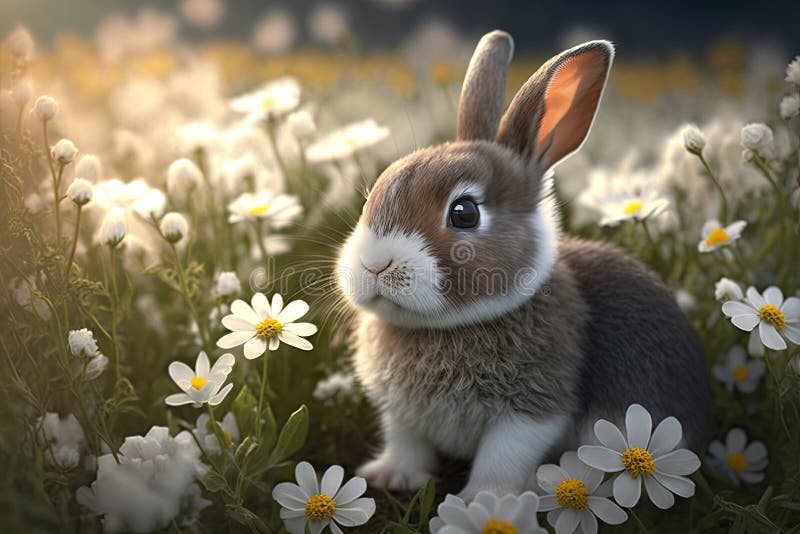 Cute Small Rabbit in the Meadow with Many Colourful Flowers Around ...