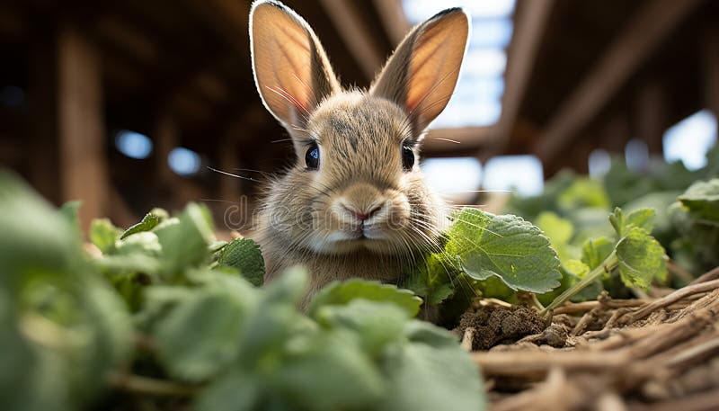 Cute Small Rabbit Sitting in Green Grass, Eating Leaf Generated by AI ...