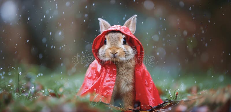 A Cute Small Rabbit Wearing a Red Raincoat. Protecting from Rain ...