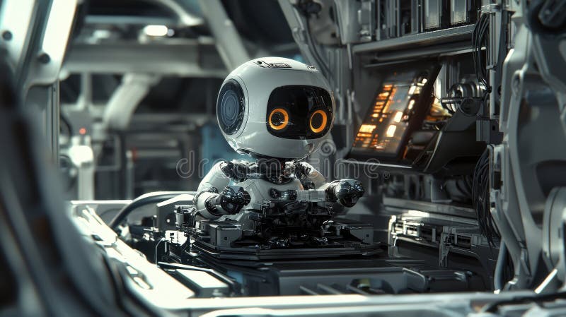Cute Small Robot Interacting in a Control Room Setup Stock Illustration ...