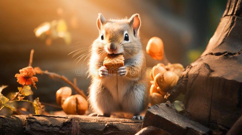 Cute Small Rodent Sitting on a Tree Eating a Nut Stock Photo - Image of ...