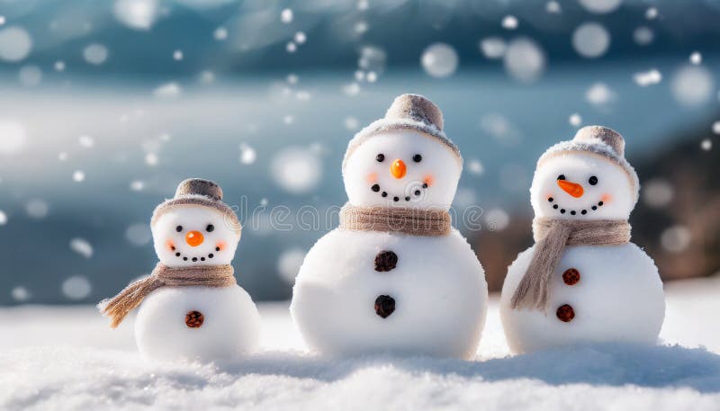 Small Snowmans Family of Three on Soft Snow with Copy Space ...