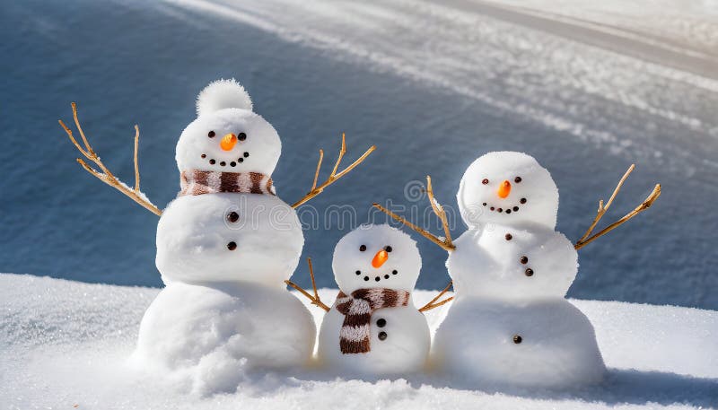 Small Snowmans Family of Three on Soft Snow with Copy Space ...