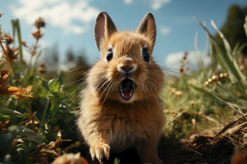 A Surprised Rabbit Looks through a Hole in Hill. the Concept of a Happy ...