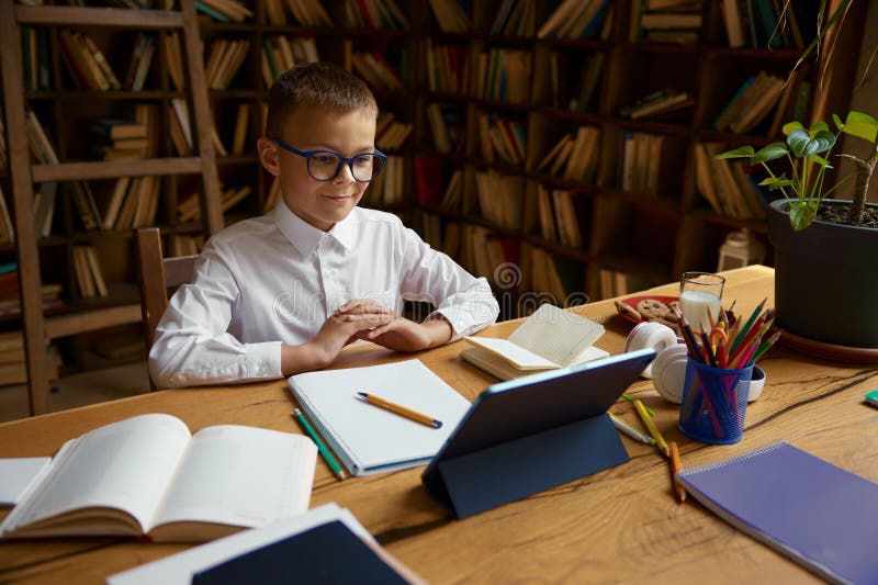 Cute Smart Boy Schoolchild Studying Online Using Electronic Device for ...