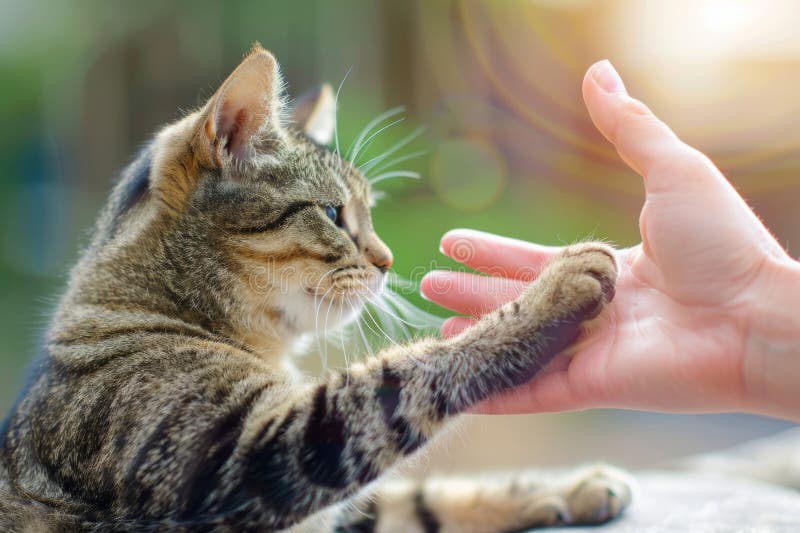 Cute Cat Giving High Five To Owners Hand Stock Photo - Image of owner ...