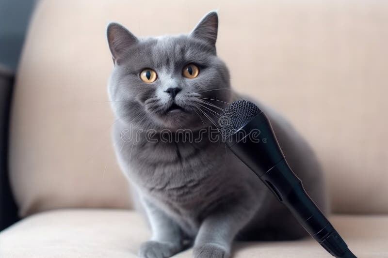 Cute Smart Cat Near Microphone Record. Generate Ai Stock Illustration ...