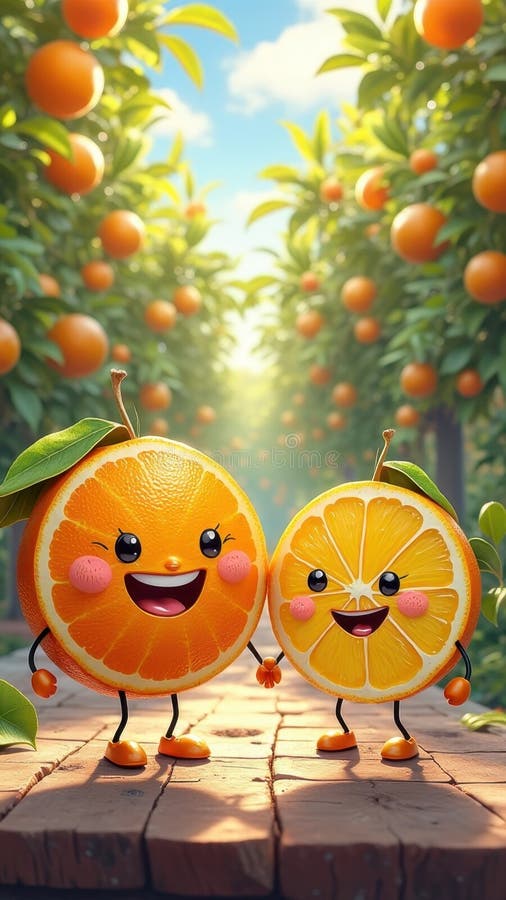 Cute Smiling Animated Oranges Holding Hands in Lush Orchard Stock ...