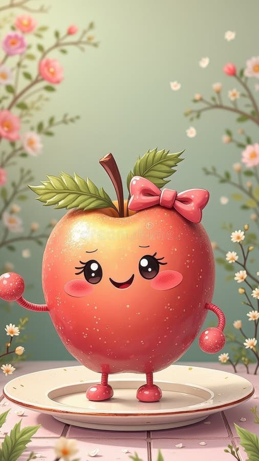 Cute Smiling Apple Character with Bow in Floral Garden Setting Stock ...