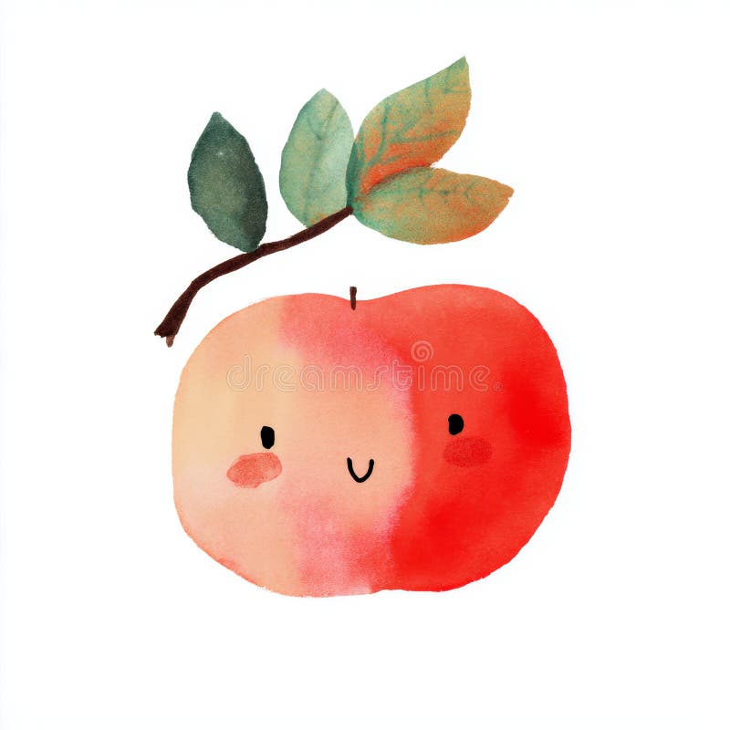 Cute Smiling Apple with Leaves on White Background for Children S Decor ...