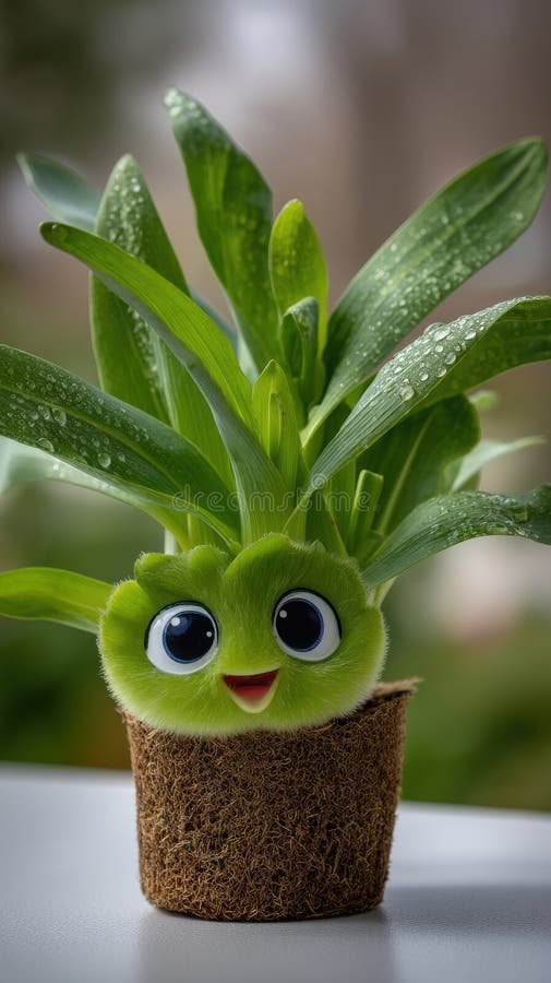 A Cute Smiling Artificial Green Plant Face in a Biodegradable Pot with ...