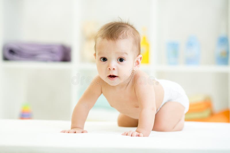 Cute Smiling Baby in Diaper or Nappy Stock Image - Image of human ...