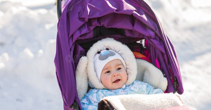Cute Smiling Baby Sitting in Stroller on a Cold Winter Day Stock Photo ...