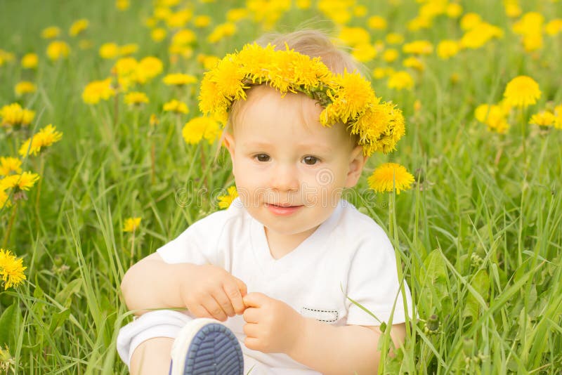 Cute Smiling Boy in Dandelion Wreath in the Spring Field Stock Image ...