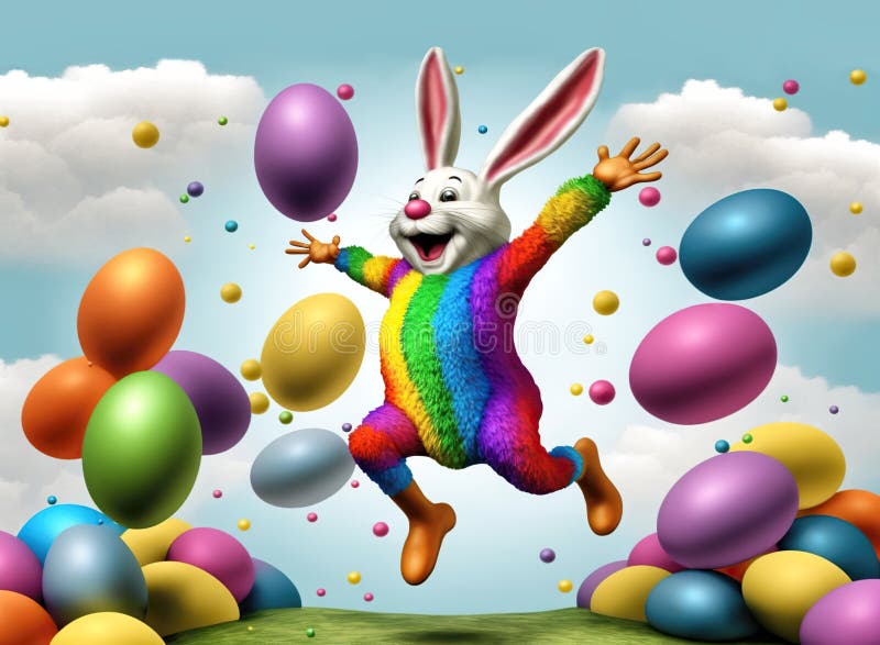 Cute Smiling Easter Bunny Playing with Colorful Easter Eggs. AI ...