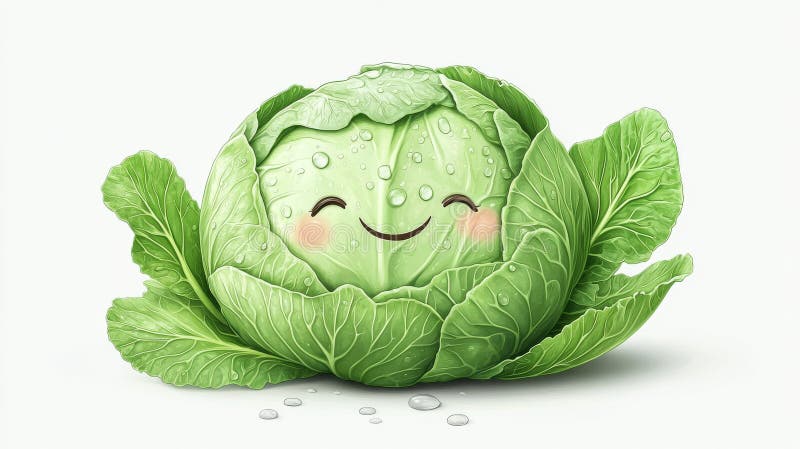 A Cute Smiling Cabbage Character is Depicted on a Fresh Leaf in a ...