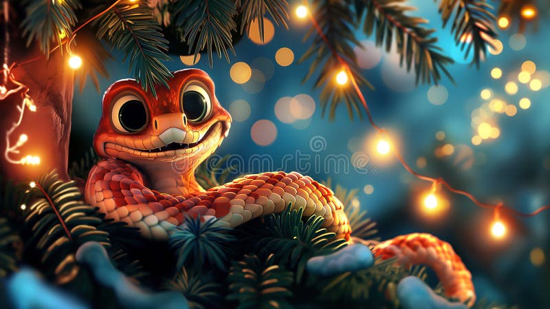 Cute Smiling Cartoon Snake Lying on the Decorated Branches of the Christmas Tree Stock Image ...