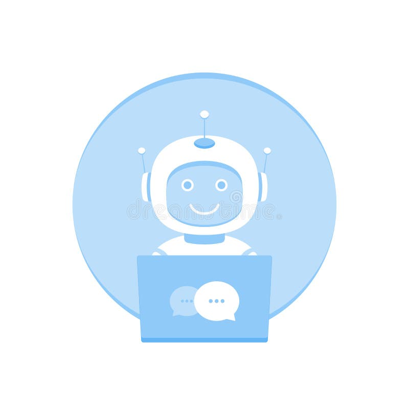 Cute Smiling Chat Bot Working in Behind Laptop. Modern Flat Vector ...