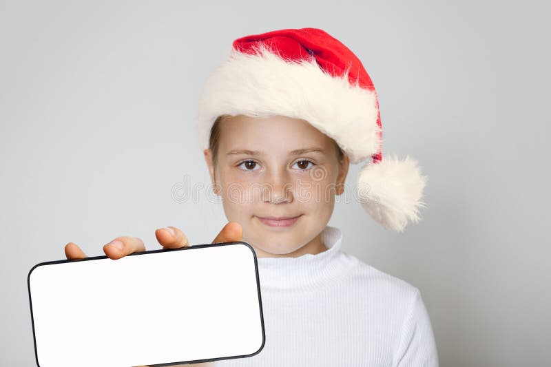 Cute Smiling Christmas Kid Santa Showing Smartphone with Blank Empty ...