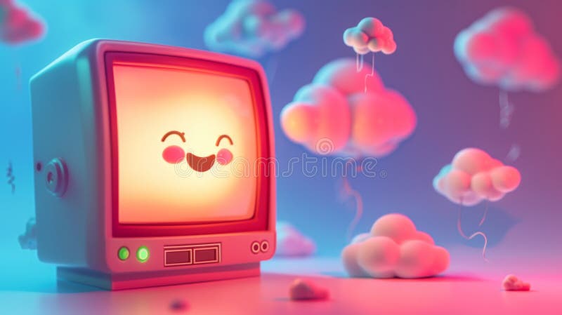 Cute Smiling Computer with Floating Clouds, 3D Render Illustration ...