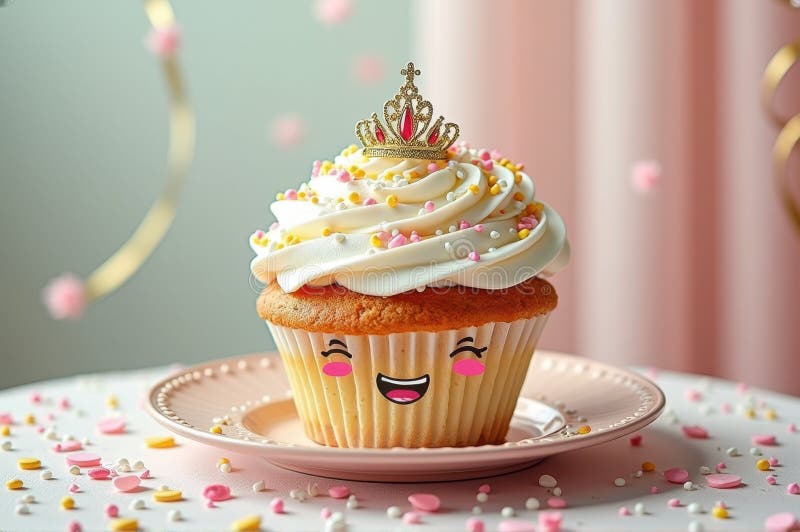 Cute Smiling Cupcake with Crowning Decoration and Colorful Sprinkles ...