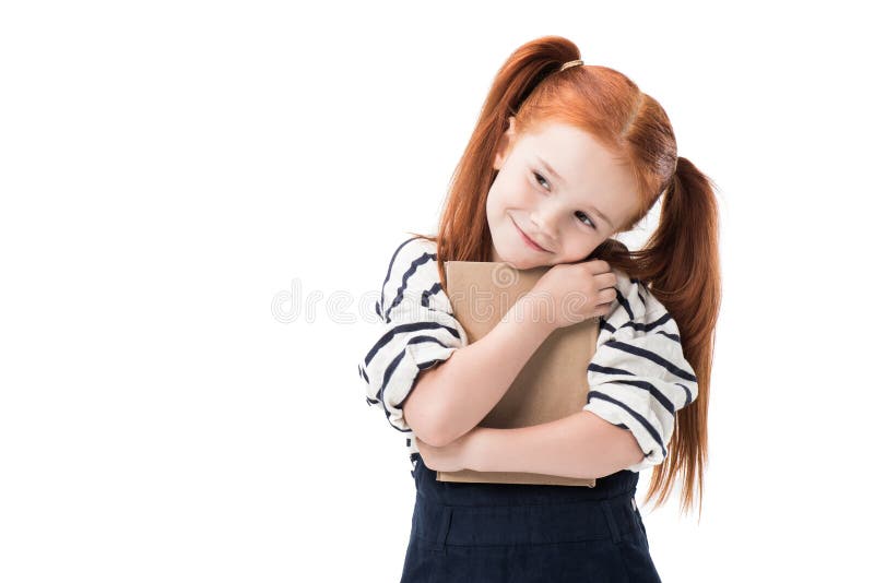 Cute Smiling Elementary School Student Hugging Book and Looking Away ...