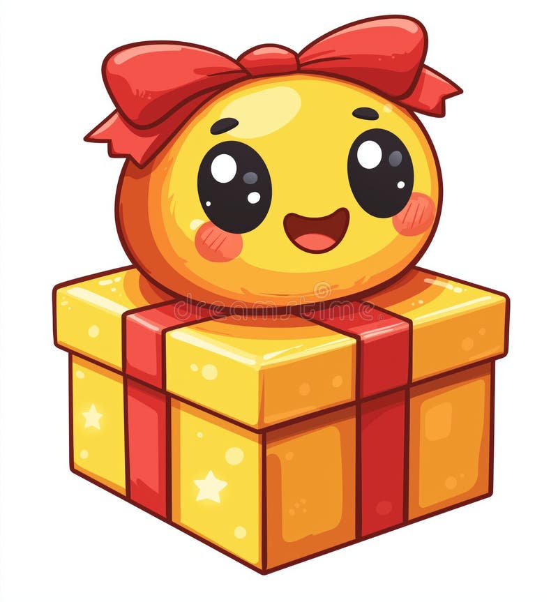 Cute Smiling Emoji Gift Box with Red Bow and Stars Stock Illustration ...