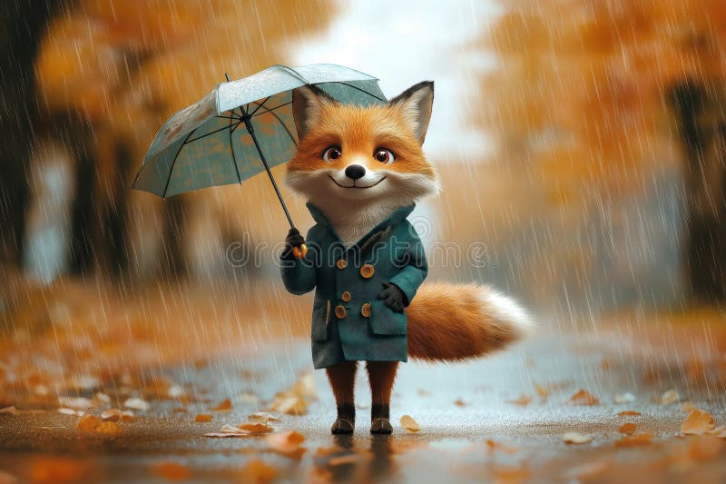 Cute Smiling Fox Walks Under Rain in Autumn Park with Umbrella. Fox ...