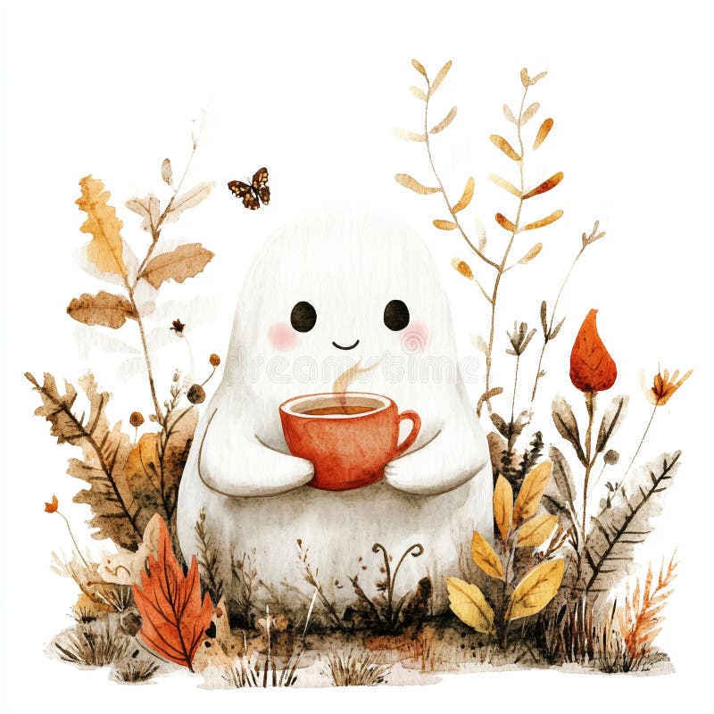 Cute Smiling Ghost with Cup of Tea in the Illustration Style for ...