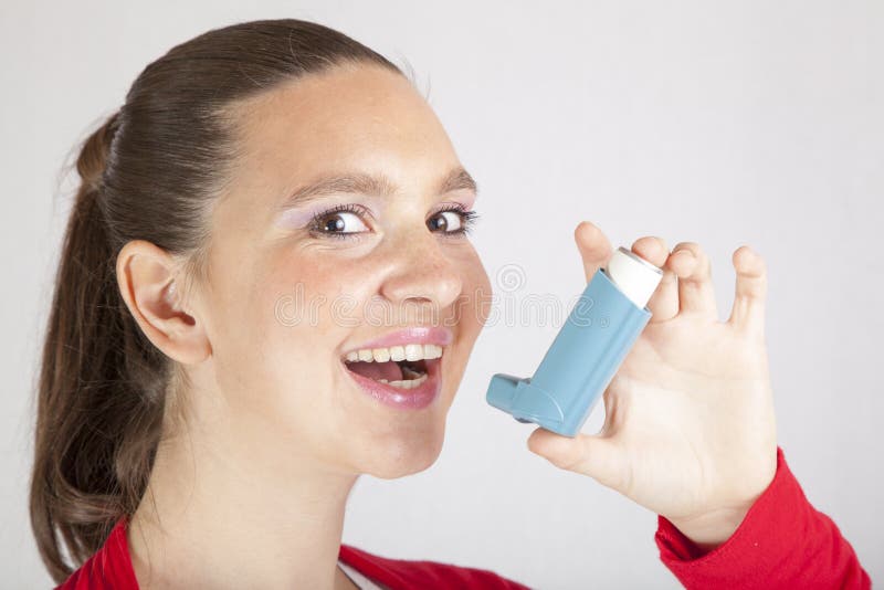 Cute Smiling Girl with Asthma Inhaler Stock Image - Image of female ...