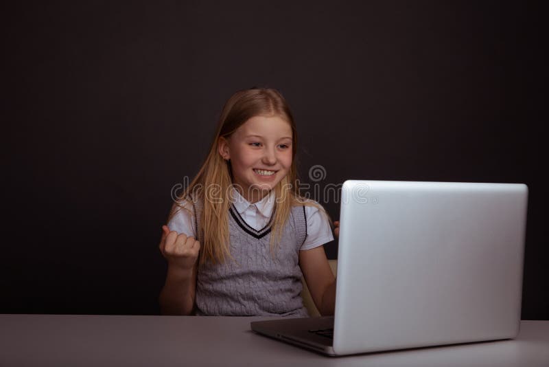 Cute Smiling Girl Using Computer Isolated. Stock Image - Image of ...