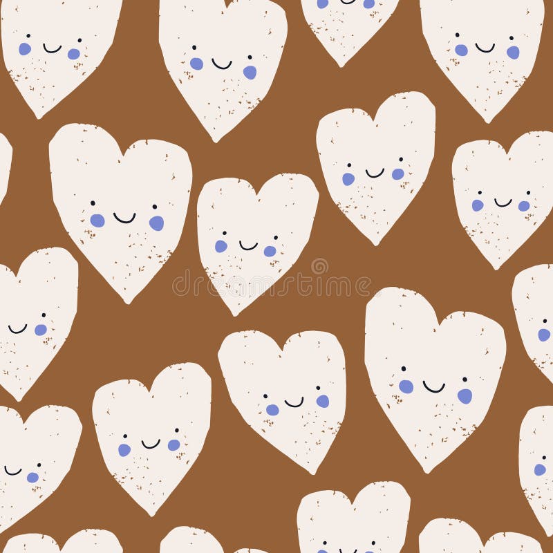 Cute Smiling Hearts Seamless Pattern. Abstract Hand Drawn Hearts Faces ...