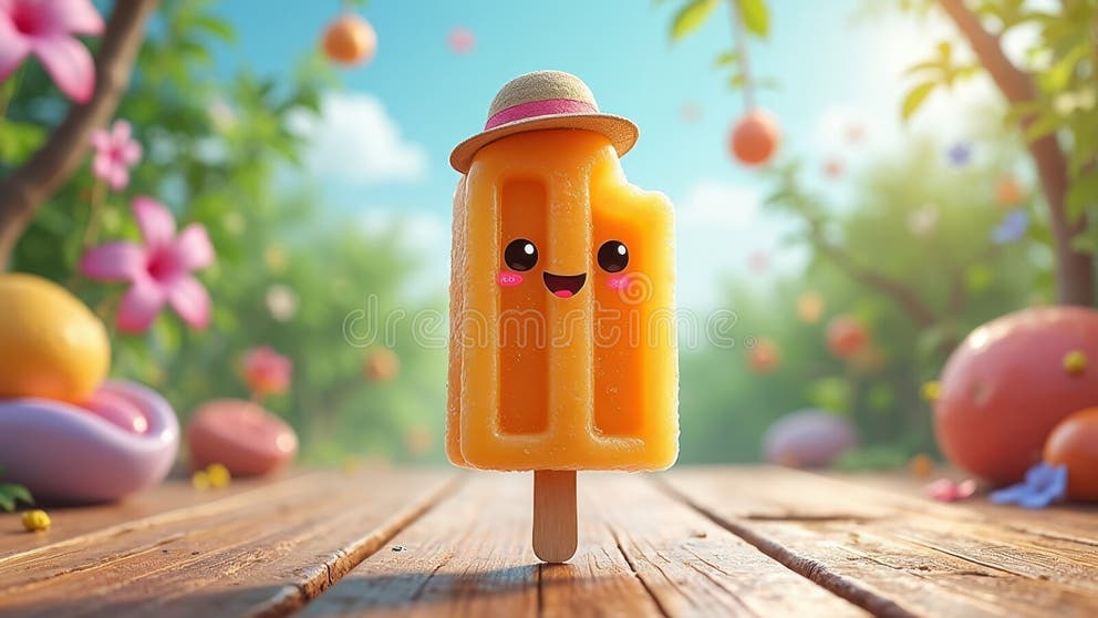 Cute Smiling Popsicle Character with Hat in a Sunny Orchard Setting ...