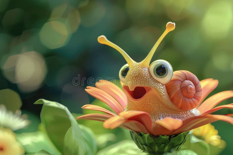 Cute Smiling Snail with Huge Eyes Sitting on a Gerbera Flower Stock ...