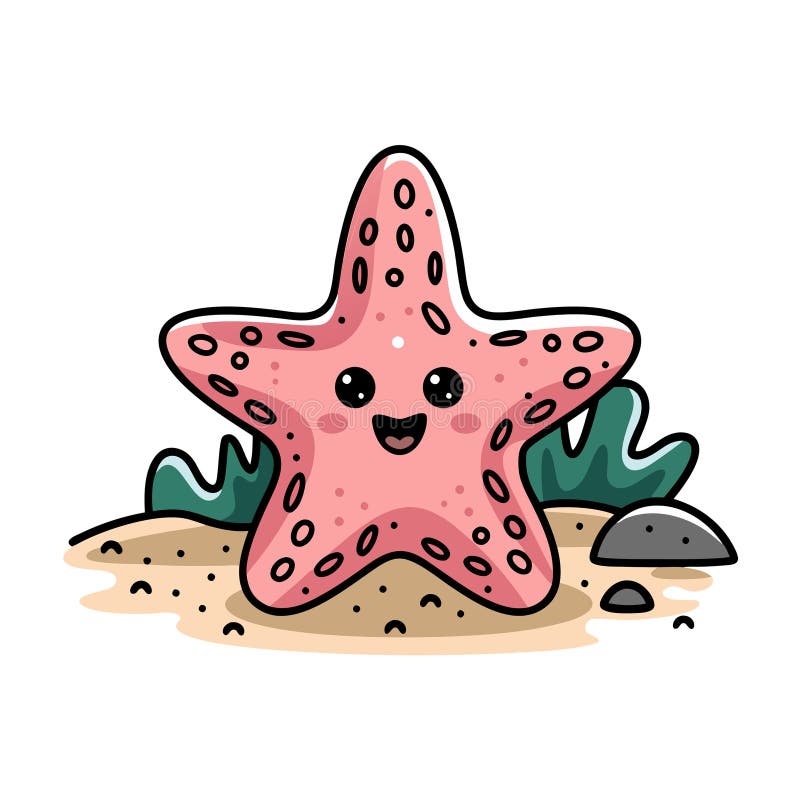 Cute Smiling Starfish Character on Sandy Beach with Ocean Elements ...