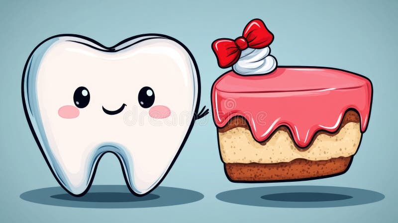 Cute Smiling Tooth and Cake with Bow Cartoon Illustration Stock ...