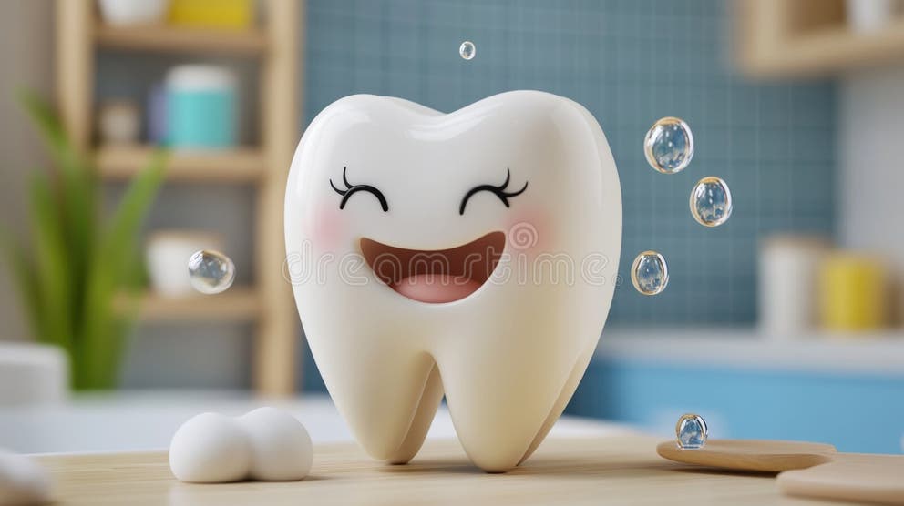 Cute Smiling Tooth Cartoon with Bubbles in Cheerful Bathroom Setting ...