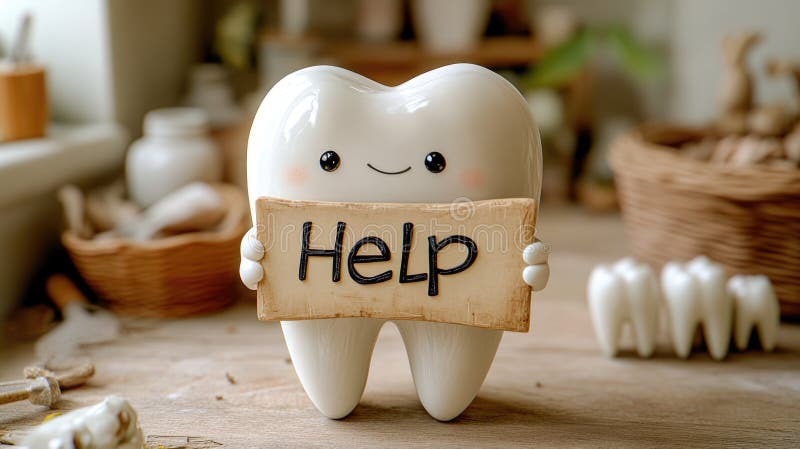 Cute Smiling Tooth Cartoon Holding Help Sign in Dentist Office Stock ...