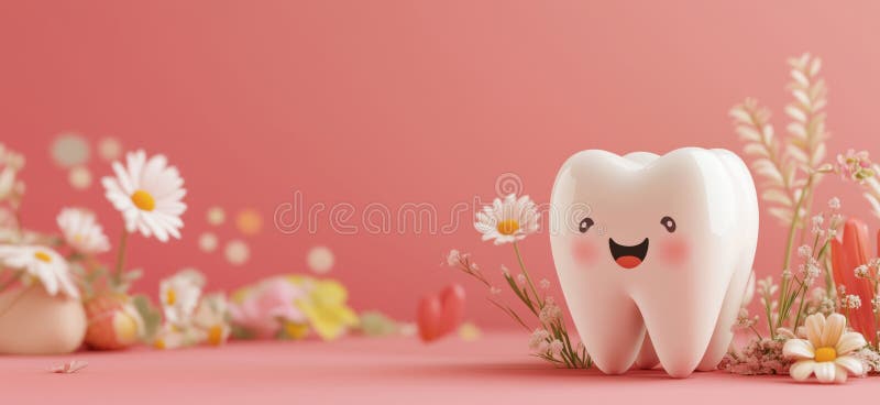 Cute Smiling Tooth Character Surrounded by Flowers on Pink Background ...
