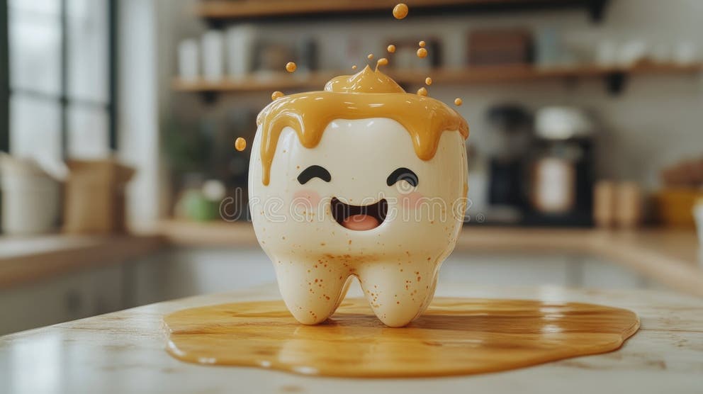 Cute Smiling Tooth with Honey Drizzle in Kitchen Setting Stock ...