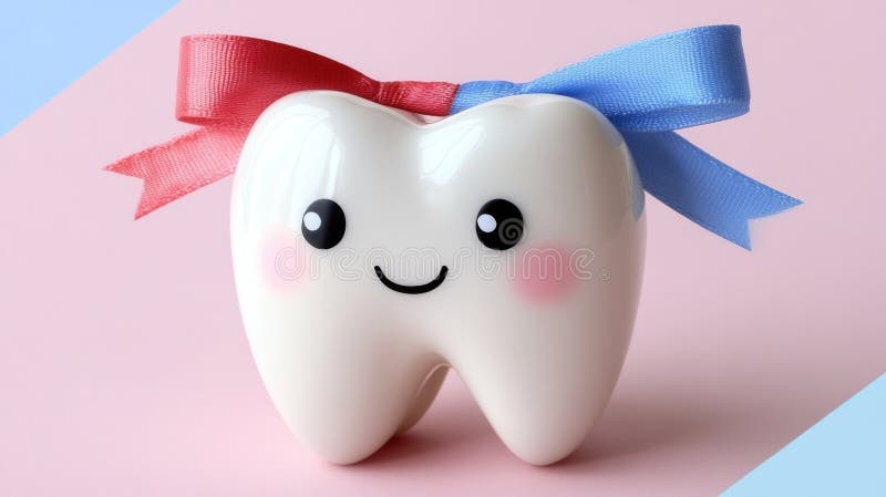 Cute Smiling Tooth with Red and Blue Bows on Pastel Background Stock ...