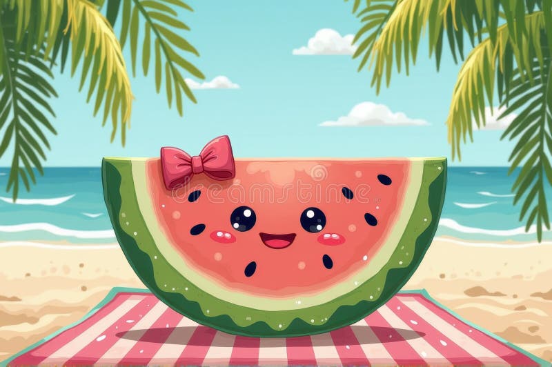 Cute Smiling Watermelon Slice with Bow on Beach Picnic Table in ...
