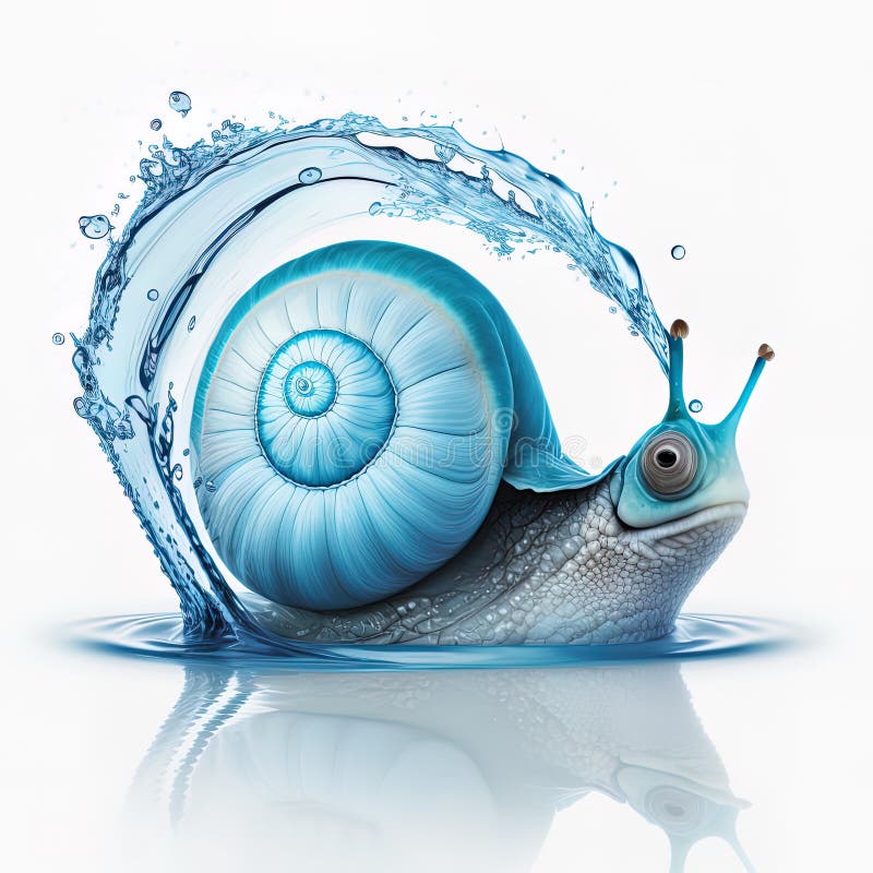 Cute Snail with Blue Shell and Circular Splash of Water on White ...