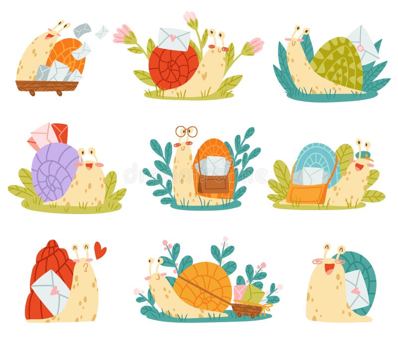 Cute Snail Character with Coiled Shell Carrying Envelope on Its Back ...