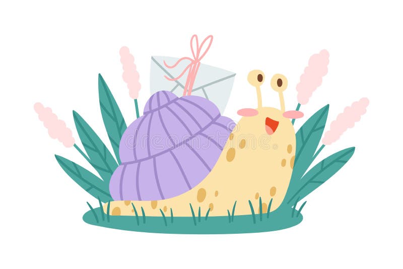 Cute Snail Character with Coiled Shell Carrying Letter Envelope on Its ...