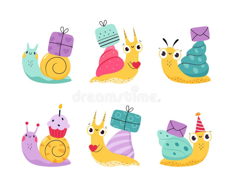 Cute Snail Character with Shell Carrying Gift Box and Cupcake on Its ...