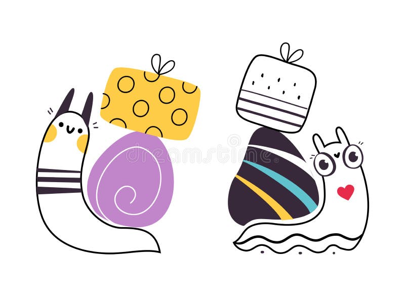 Cute Snail Character with Shell Carrying Gift Box on Its Back Vector ...