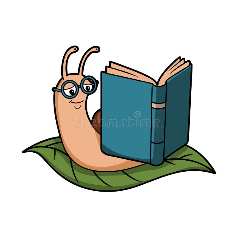 Cute Snail Reading Book on Leaf Vector Illustration for Education and ...