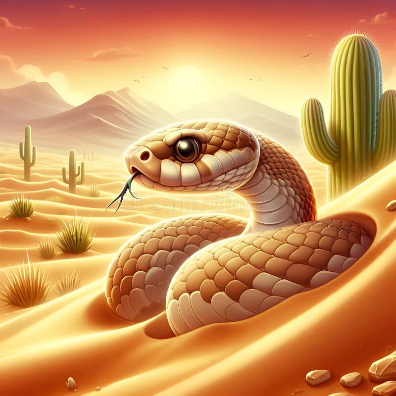 Cute Snake in the Desert at Sunset. Vector Cartoon Illustration. Stock ...